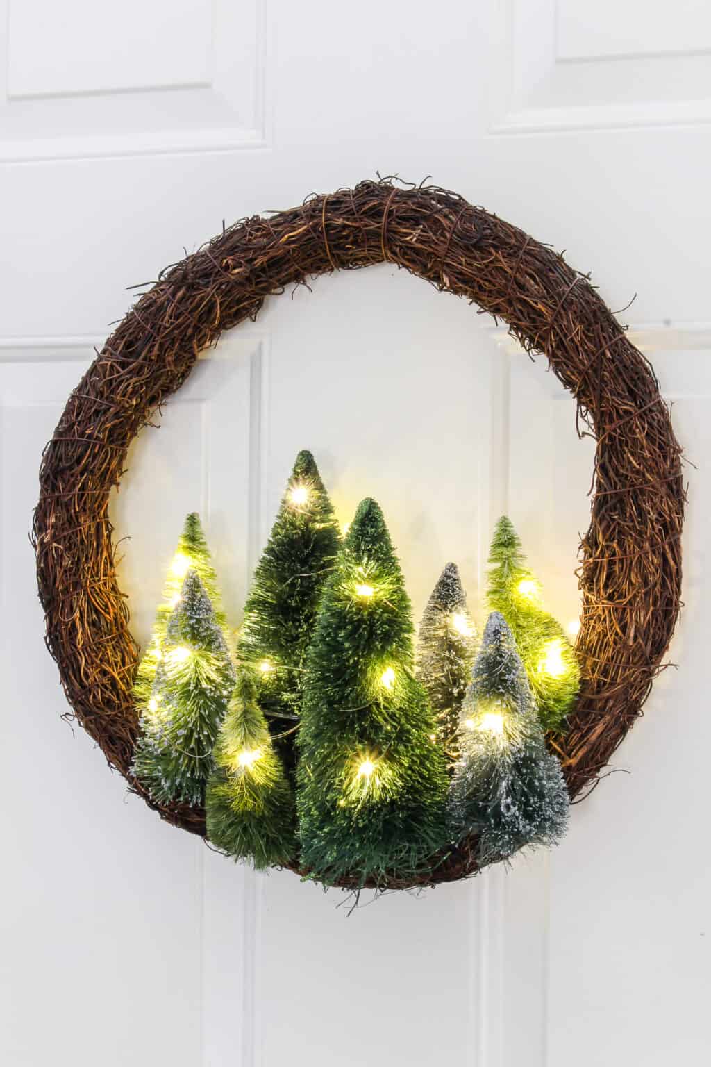 DIY Christmas Wreath with Bottle Brush Trees - Inspiration For Moms